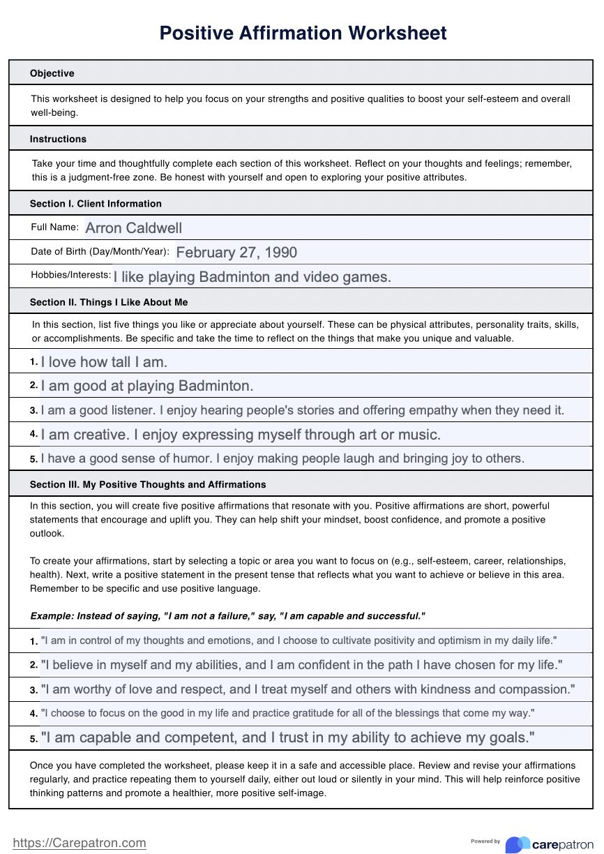 Positive Affirmations Worksheet & Example | Free PDF Download